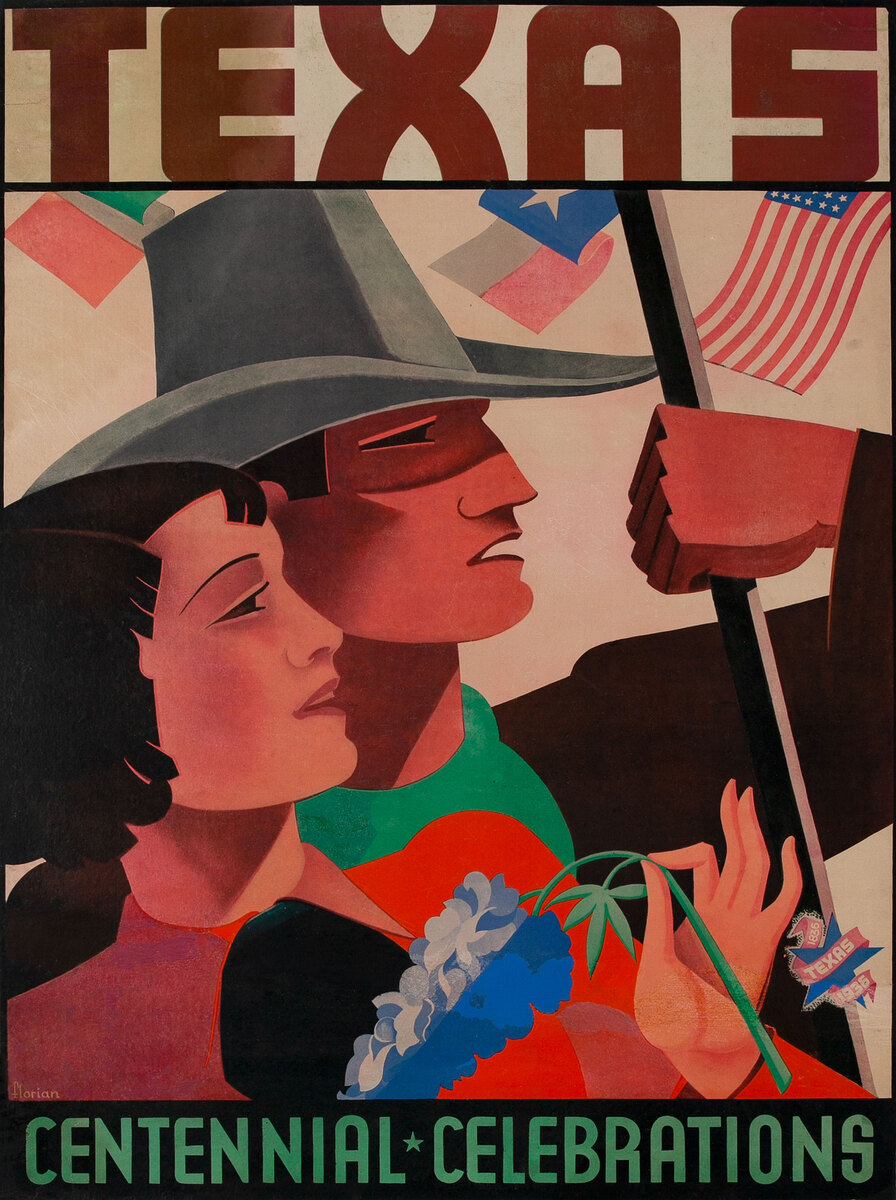 Texas Centennial Celebration 1836-1936 Couple with American and Texas ...