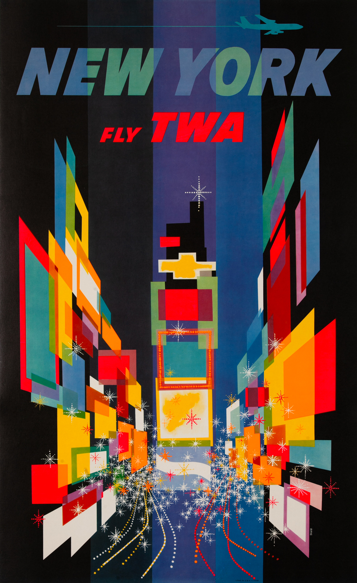 New York Fly TWA Times Square Original Travel Poster, Broadway at Night ...
